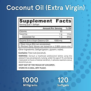 Jarrow Formulas Extra Virgin Organic Coconut Oil - 120 Softgels - Made With Certified Extra Virgin Coconut Oil - 100% Cold-Pressed & Solvent Free - Up to 120 Servings