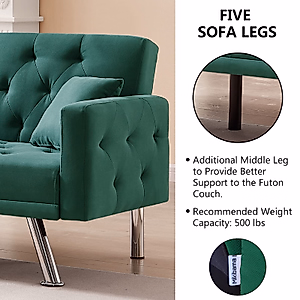 mikibama 76 Inch Futon Sofa Bed with Cup Holders, Linen Convertible Folding Futon Couch with Adjustable Backrest and Throw Pillows for Living Room, Tufted Sleeper Sofa with Metal Legs (Teal)