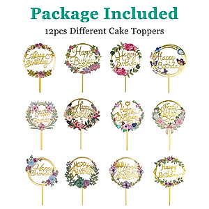 Zilphoba 12pcs Happy Birthday Cake Toppers, Flower Acrylic Gold Birthday Party Cupcake Decorations