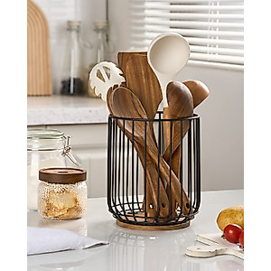 getstar Kitchen Utensil Holder, Large Wire Utensil Holder for Kitchen Counter (W6.2” x H7.5”) with Acacia Base
