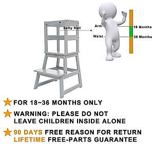 SDADI Kitchen Step Stool for Toddlers and Kids Ages 18 Months to 3 Years Old with Adjustable Height and Solid Wood Railings, Gray