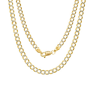 Nuragold 10k Yellow Gold 3.5mm Cuban Chain Curb Link Diamond Cut Pave Two Tone Pendant Necklace, Mens Womens Jewelry 16" 18" 20" 22" 24" 26" 28" 30"