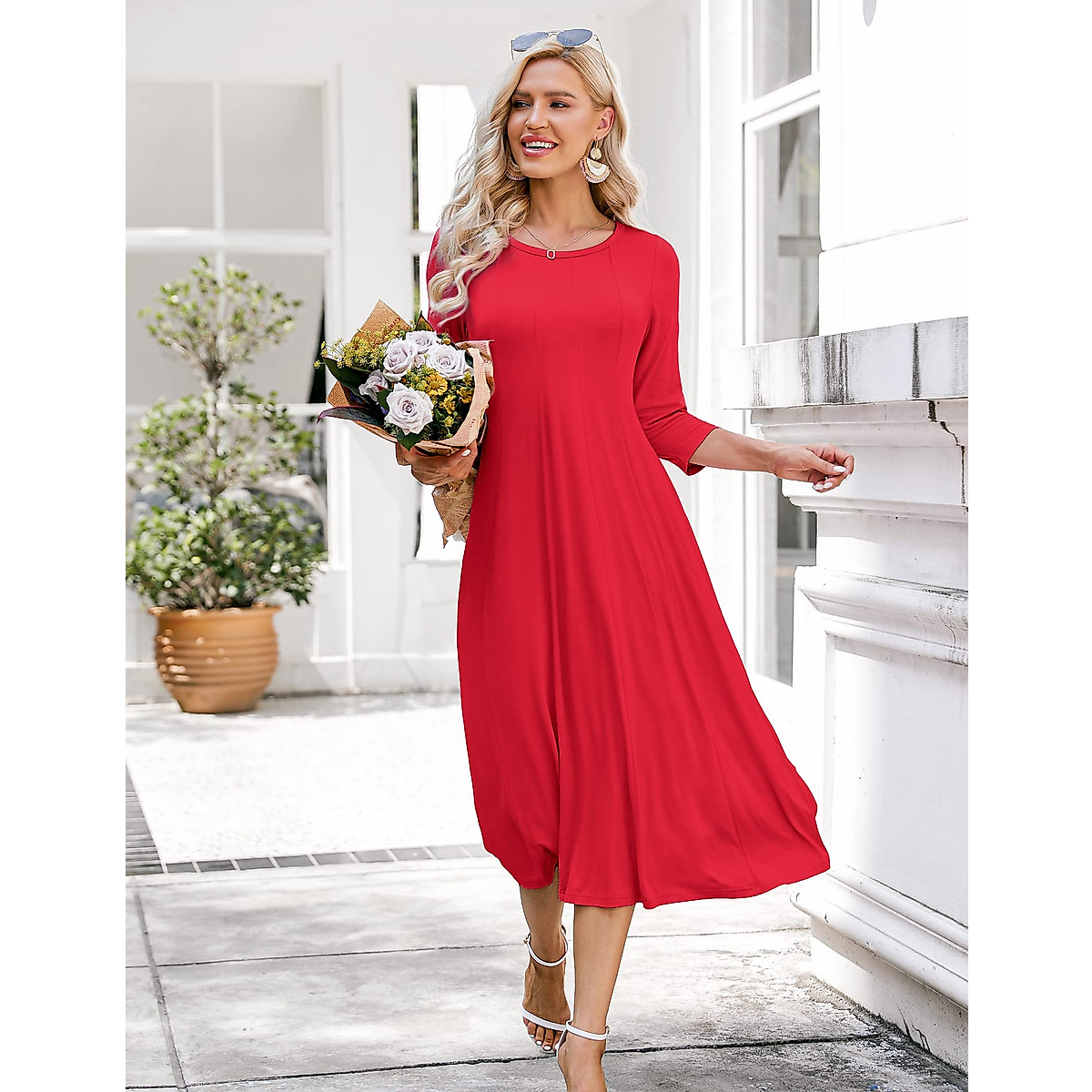 HOTOUCH Women Soft Casual Dress 3/4 Sleeve Midi Long Dresses (Red L)