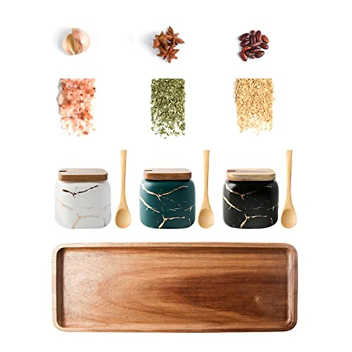 Dicunoy Ceramic Salt and Sugar Container, Condiment Jars with Lids and Spoons, Marble Seasoning Spice Pots Bowl, Pepper Sellar with Wooden Tray for Serving, Counter, Home, Kitchen