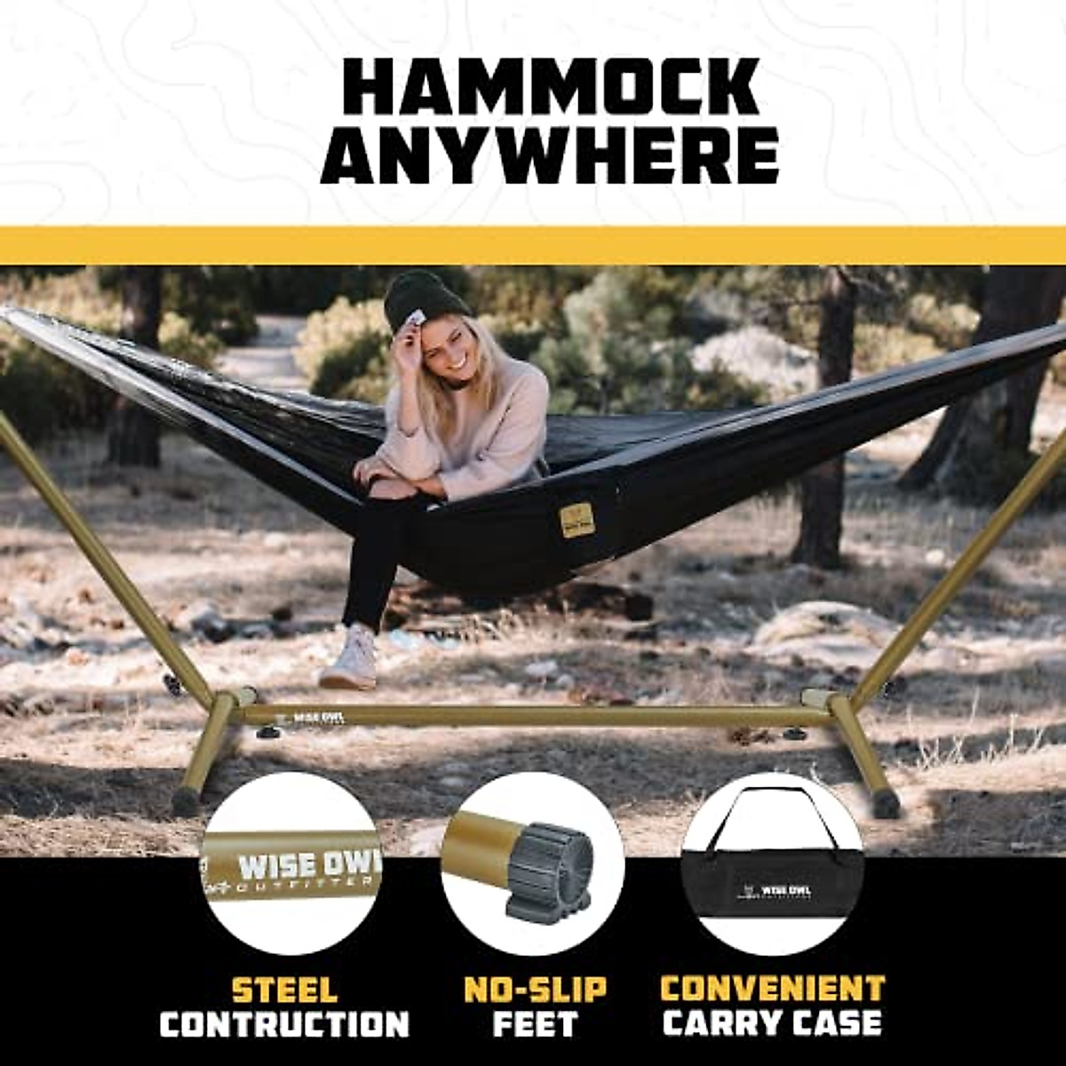 Wise Owl Outfitters Hammock Stand - 106 x 42 Inch Portable, Collapsible Stand for Outdoor Hammock - 440 Pound Capacity Frame and Carry Bag Included