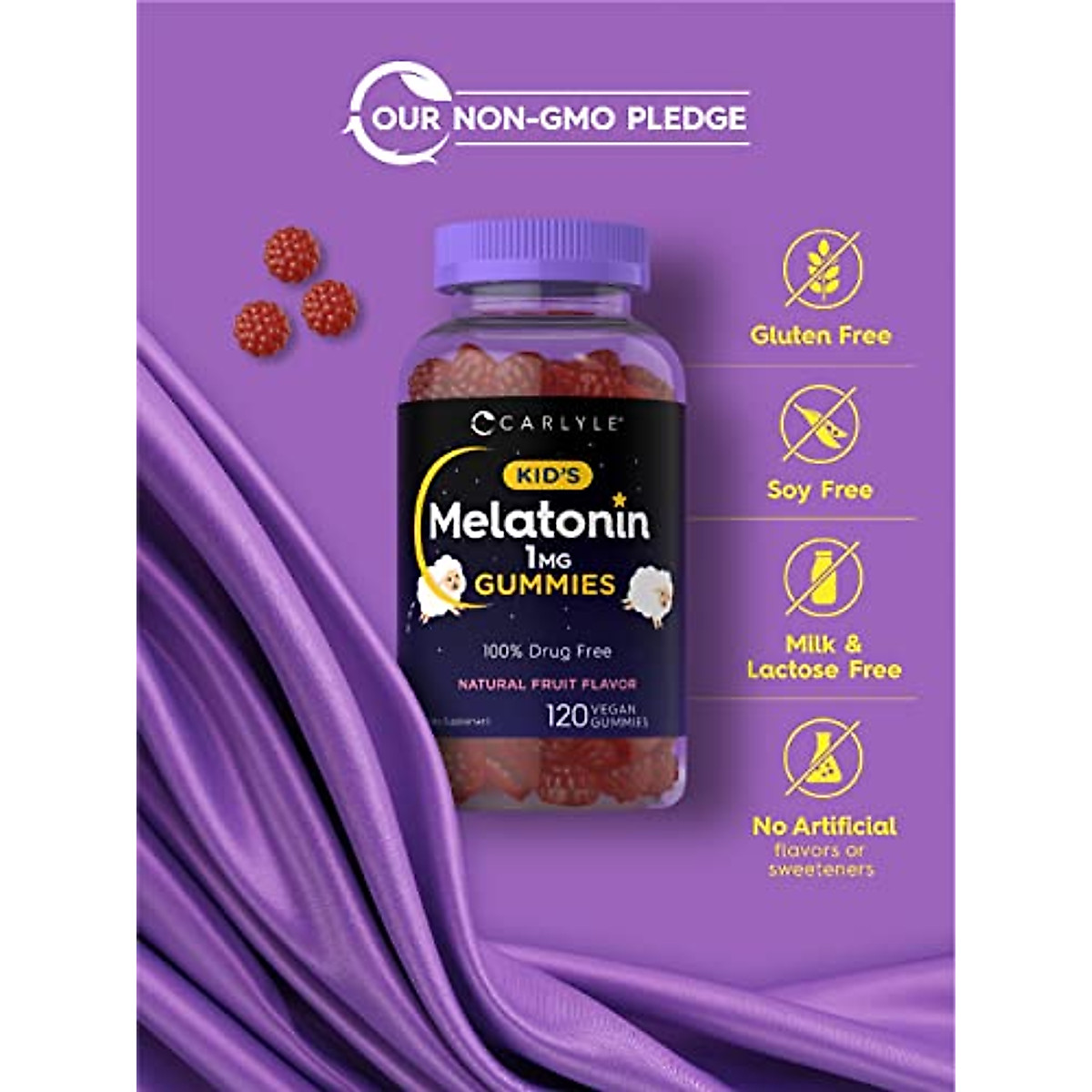 Carlyle Kids Melatonin Gummies | 1 mg 120 Count | Fruit Flavor Gummy | Vegan, Non-GMO, Gluten Free