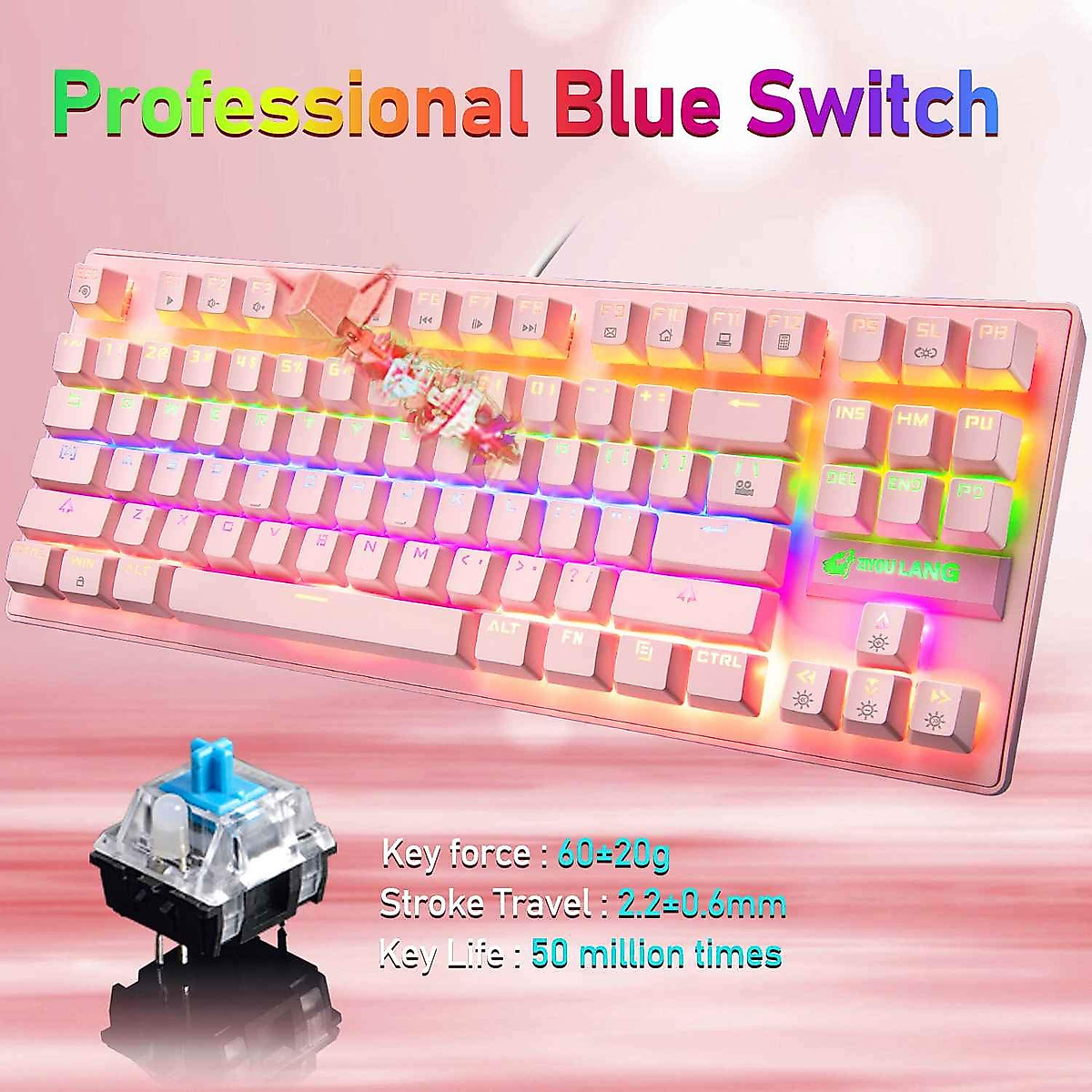 Pink Mechanical Gaming Keyboard Blue Switch Mini 87 Keys Wired Rainbow LED Backlit Keyboard Professional Lightweight Gaming Mouse Gaming Mice Pad for Gamers and Typists