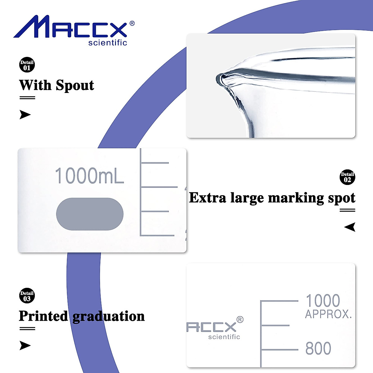Maccx Sturdy Glass Beakers, 2 Sizes of 1000ml 2000ml,3.3 Borosilicate Griffin Low Form with Printed Graduation, BKLS06-002