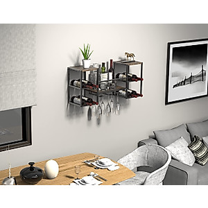 MOOMLIFE Wine Rack Wall Mounted with 3 Stem Glass Holders, Holds 12 Bottles Wine, Liquor Bottle Display Shelf, Elegant Storage for Kitchen, Dining Room