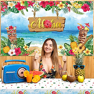 66 Pcs Hawaiian Aloha Party Decorations Luau Backdrop Tiki Banner Summer Tropical Balloon Garland Arch Kit Palm Leaves Hawaiian Theme Tablecloth for Birthday Baby Shower Tropical Beach Party Supplies
