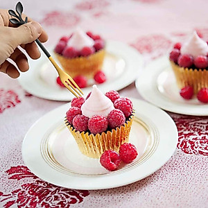 Rovepic 10 Pack Stainless Steel Appetizer Cake Fruit Forks Black Leaf Creative Tasting Dessert Mini Gold 3-Tined Forks Birthday Parties Events Kitchen Accessory Stirring Fork Set 4.8 inch