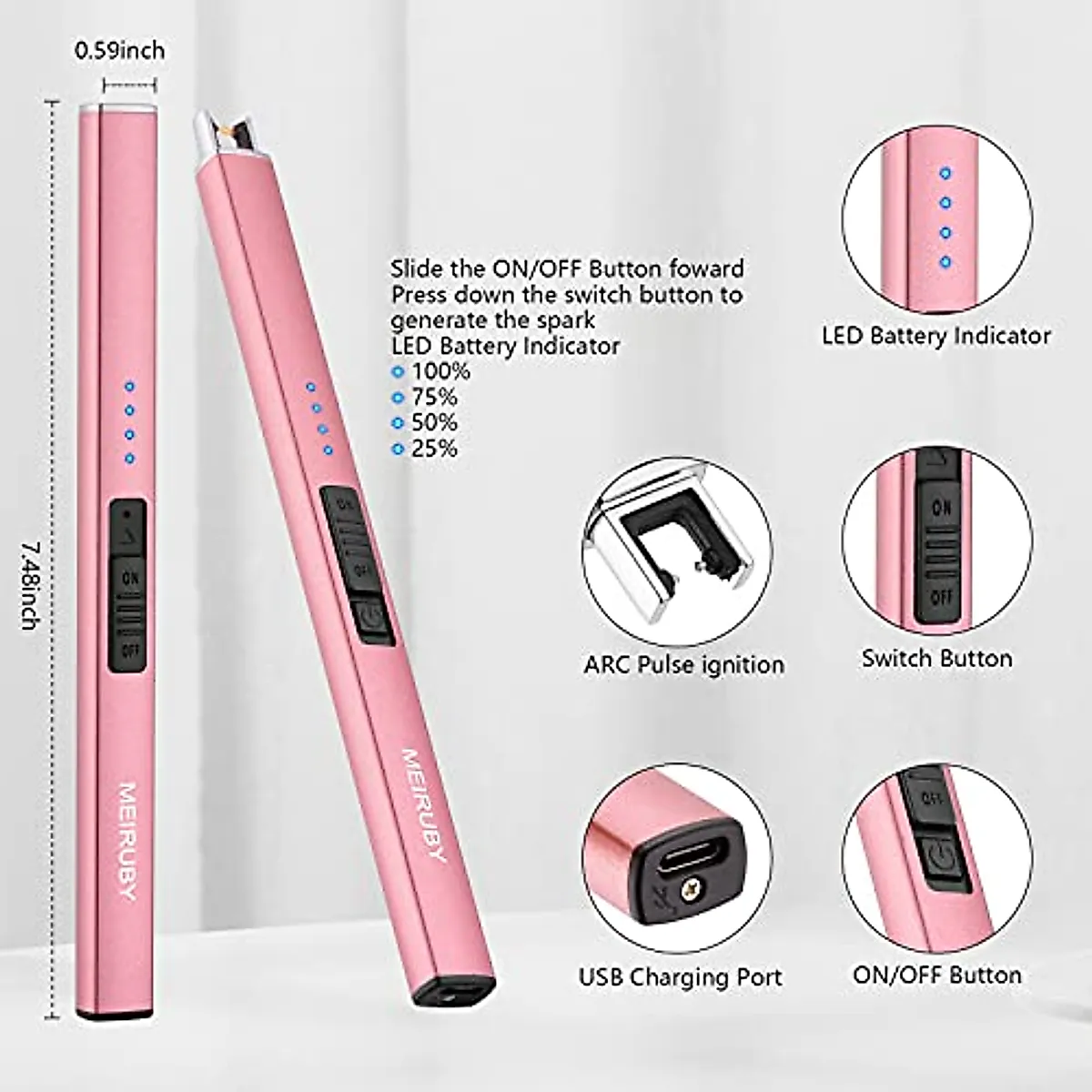 MEIRUBY Lighter Electric Lighter Candle Lighter Camping Lighter Rechargeable Lighter Lighter with Replace Case for Outdoors Family Use (Rose Gold)