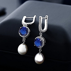 Gem Stone King 925 Sterling Silver Round 8MM Gemstone Birthstone and 11X8MM Cultured Freshwater Pearl Drop Dangle Earrings For Women
