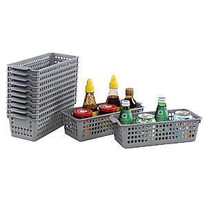 Yuright 12 Pack Narrow Baskets for Storage, Grey Small Plastic Storage Baskets