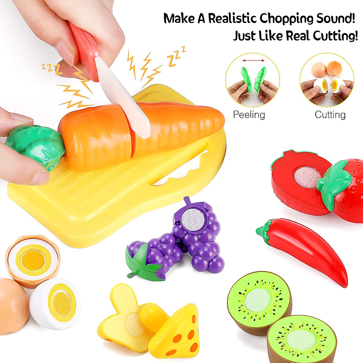 33pcs Cutting Pretend Play Food Toys for Kids Kitchen Set Playset Accessories BPA Free Peel & Cut Toy Food Fruits and Vegetables Toys, Christmas Birthday Gift for Toddlers Girls Boys Kids Storage Box