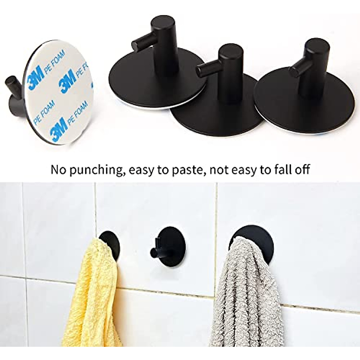 KINMINGZHU 2pcs Black Self Adhesive Hooks, Self Adhesive Wall Mounted Hanger，No Drill No Screw for Key Coat Towel for Kitchen Bathroom Toilet