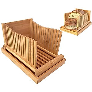 Bread Slicer Premium Bamboo Bread Slicers For Homemade Bread Cutting Guide for Homemade Bread Baking Supplies Bread Cutter Cake Slicer Bagel Slicer Foldable and Compact with Crumb Tray