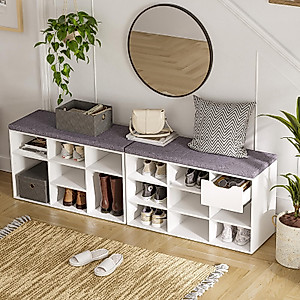 DINZI LVJ Shoe Storage Bench with Cushion, Cubby Shoe Rack with 9 Cubbies, Adjustable Shelves, Multifunctional Shoe Organizer Bench for Entryway, Mudroom, Hallway, Closet and Garage, White