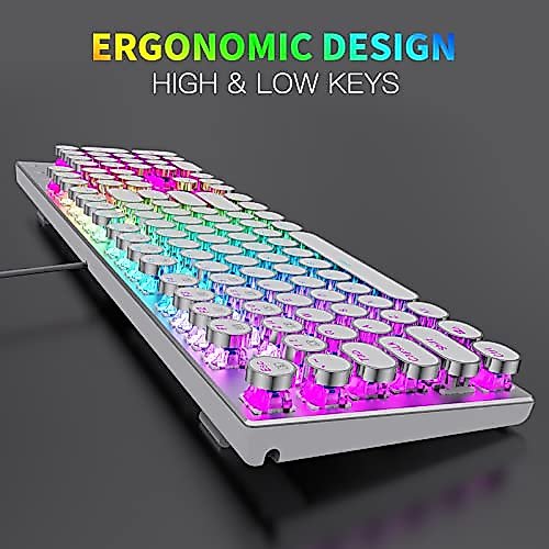 HUO JI E-Yooso Z-88 Mechanical Gaming Keyboard Wired Typewriter Style with Programmable RGB Backlit Clicky Blue Switches Retro Round Keycap Metal Panel for Mac/PC, White