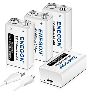 ENEGON 9V Direct USB Rechargeable Lithium-ion 650mAh Batteries with 2 in 1 Micro USB Cable for Wireless Microphone, Smoke Alarms, Electronic Toys, Walkie-Talkie and More Devices (4 Pack)