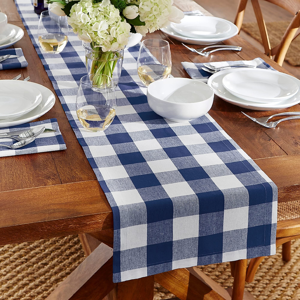 Elrene Home Fashions Farmhouse Living Buffalo-Check Table Runner, Rustic Kitchen and Table Linens, 13" x 70", Blue/White
