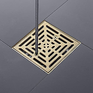 DEOKXZ 4-1/4 Inch Brushed Gold Shower Drain Square, Base with Adjustable Drain Flange Kit PVC, Removable Grille Strainer Drain Cover with Screws, SUS304 Stainless Steel Brass Face