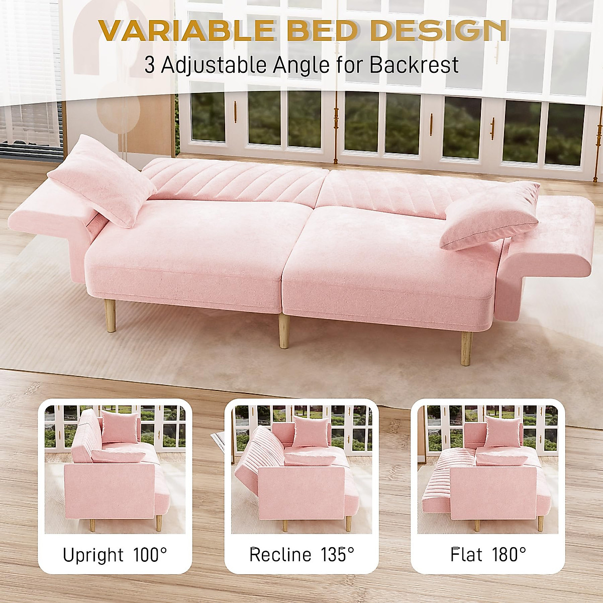 Nolohoo Velvet Futon Sofa Bed, Futon Couch, Small Sofa 75.3" Upholstered Comfy Loveseat Sleeper Sofa with Adjustable Armrests, Mid Century Couches for Living Room, Bedroom, Pink, Velvet