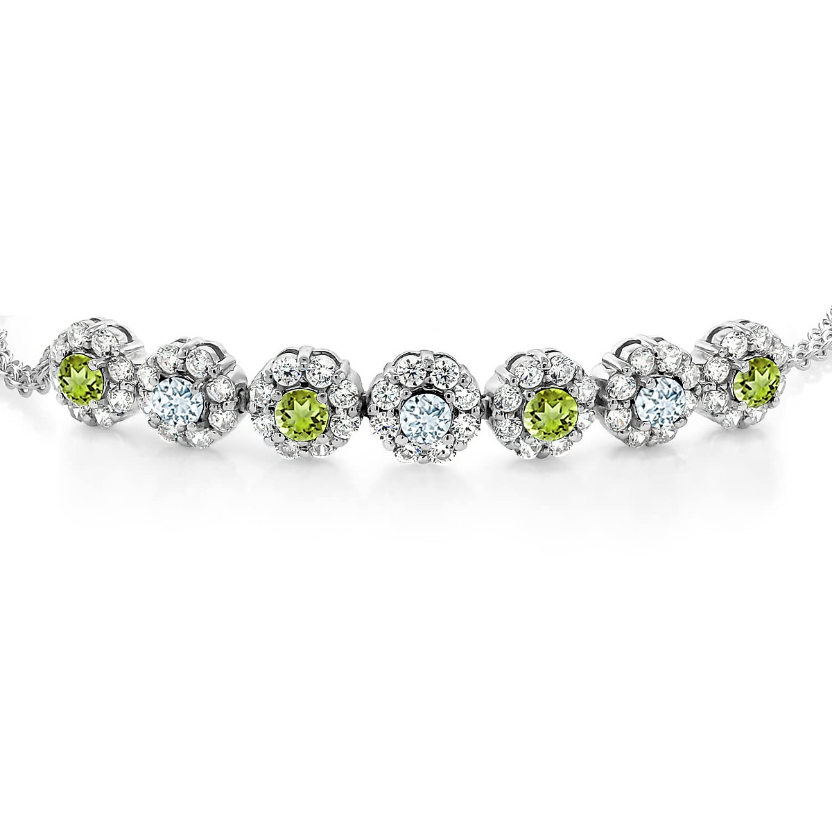Gem Stone King 925 Sterling Silver Green Peridot and Sky Blue Aquamarine Tennis Bracelet For Women (2.18 Cttw, Gemstone August Birthstone, 7 Inch with 2 Inch Extender)