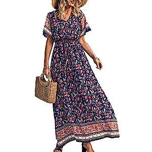 PRETTYGARDEN Women's Casual Summer Boho Floral Print Dress V Neck Short Sleeve High Waist Long Maxi Beach Dresses (Navy,Medium)