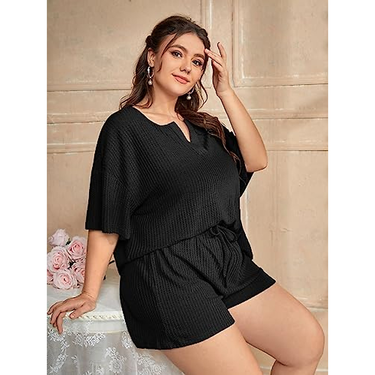 SOLY HUX Women's Plus Size Waffle Knit Short Sleeve Top and Shorts Pajama Set Sleepwear Black Plain 5XL