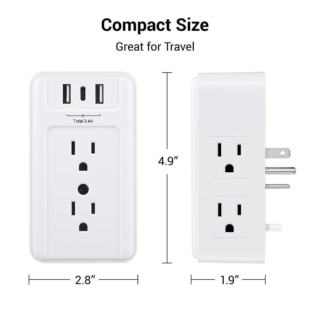 Clear Power Multi Plug Outlet Extender, 6-Outlet Splitter with 3 USB Ports (1x USB-C), 3-Sided Power Strip USB Wall Charger for Home & Office, White, DC3S-1006-DC