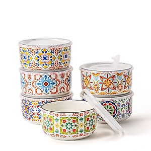 Chubacoo Ceramic Bowl with Lid: Microwave Safe Soup Containers Set of 6 for Meal Prep, Cereal, Salad, Picnic, Camping, Office Lunch, Kitchen Food Storage - 5 Inch, 20 oz, Design B