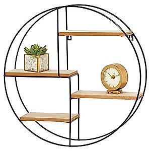 mDesign Round Metal Wall Mount Display Organizer Holder, 4 Shelf - to Store and Show Off Small Collectibles, Figurines, Mugs, Succulent Plants - Black/Natural