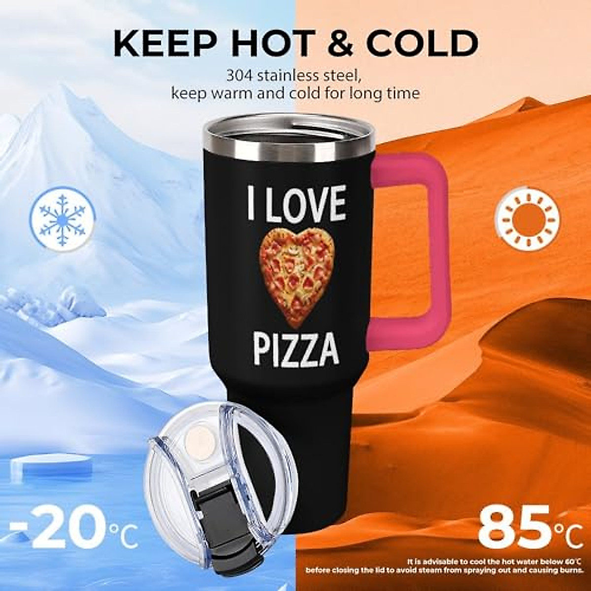 I Love Pizza 40 Oz Car Cup Stainless Steel Travel Mug Leak-Proof Insulated Tumbler with Handle Light Rose Red-style