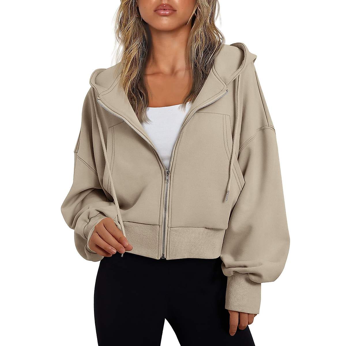 Trendy Queen Hoodies for Women Full Zip Up Cropped Sweatshirts Jackets Casual Comfy Gym Tops Fall Outfits Winter Clothes 2024 Khaki