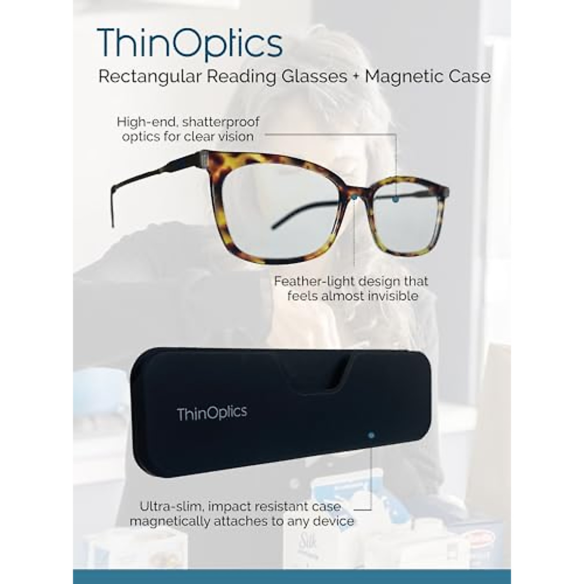 ThinOptics Unisex Adult Glasses Reading, Attachable Case / Rectangle Clear, 2.00 US