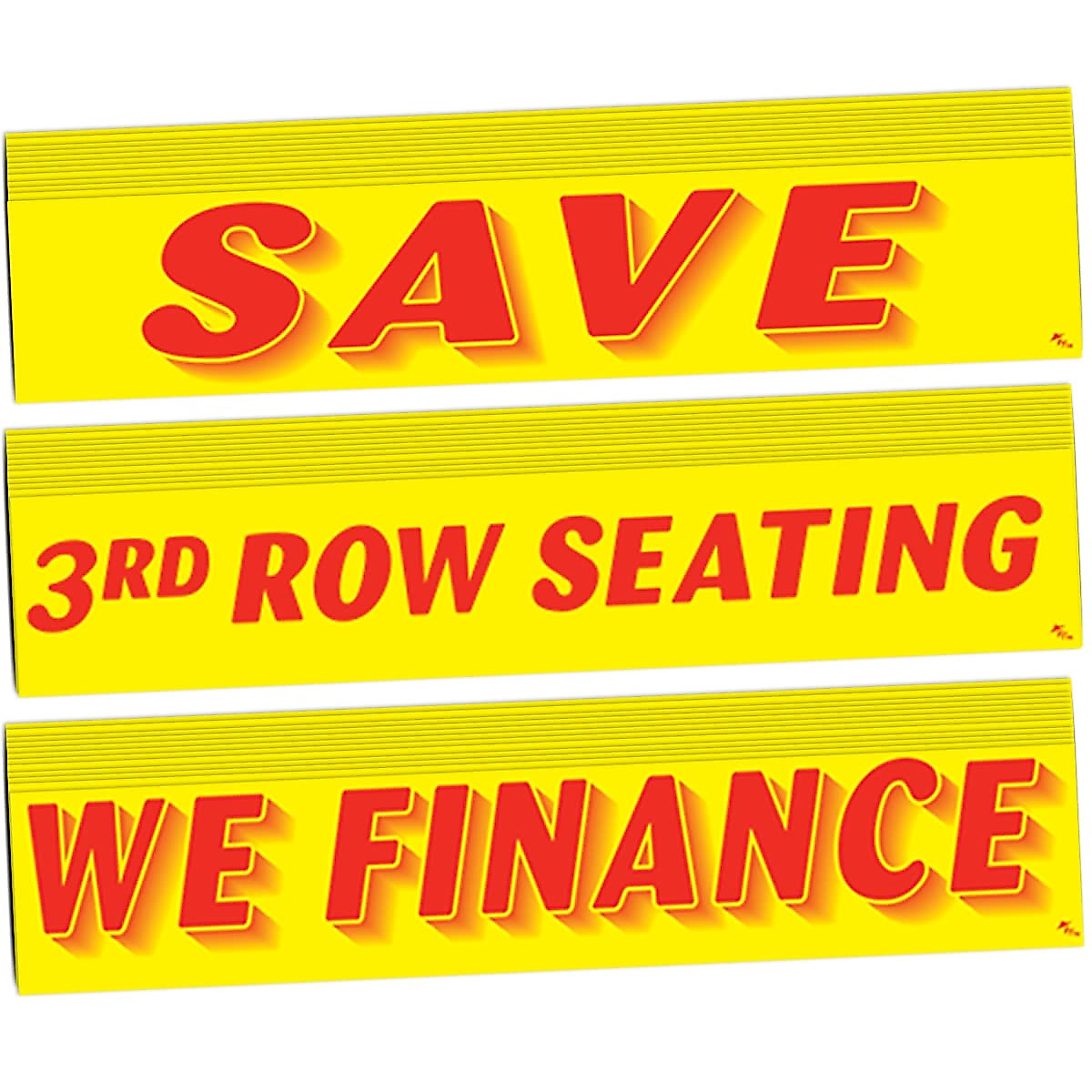 Versa Tags Windshield Slogan Stickers 12 Pack of Save Stickers 12 Pack of 3RD Row Seating Slogans 12 Pack of WE Finance Window Stickers (36) Dealership Stickers Red On Yellow