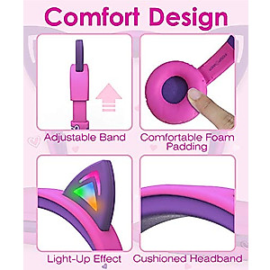 FosPower Kids Headphones with LED Cat Ears (Safe Volume Limit 85 dB), 3.5mm On-Ear Wired Headphones with Laced Tangle-Free Cables for Boys/Girls/School/Travel - Hot Pink/Purple