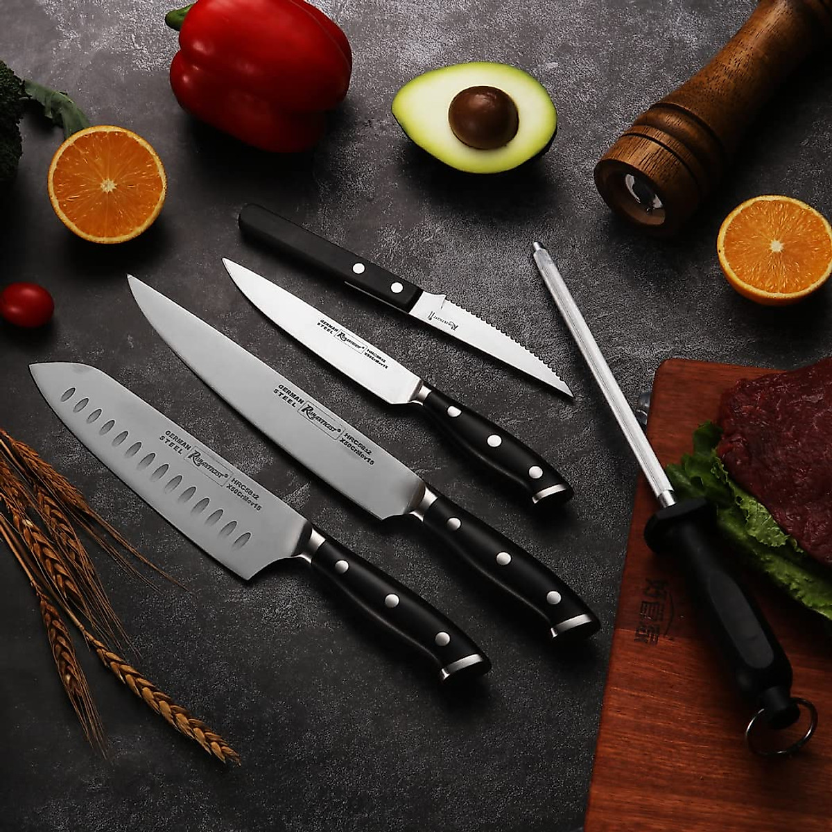 ROMANTICIST Knife Set 16-Piece Kitchen Knife Set,German Stainless Steel Sturdy Durable Kitchen Knives, Razor Sharp,Knife Set with Block,Cutting Board and Knife Sharpner Black Knife Set