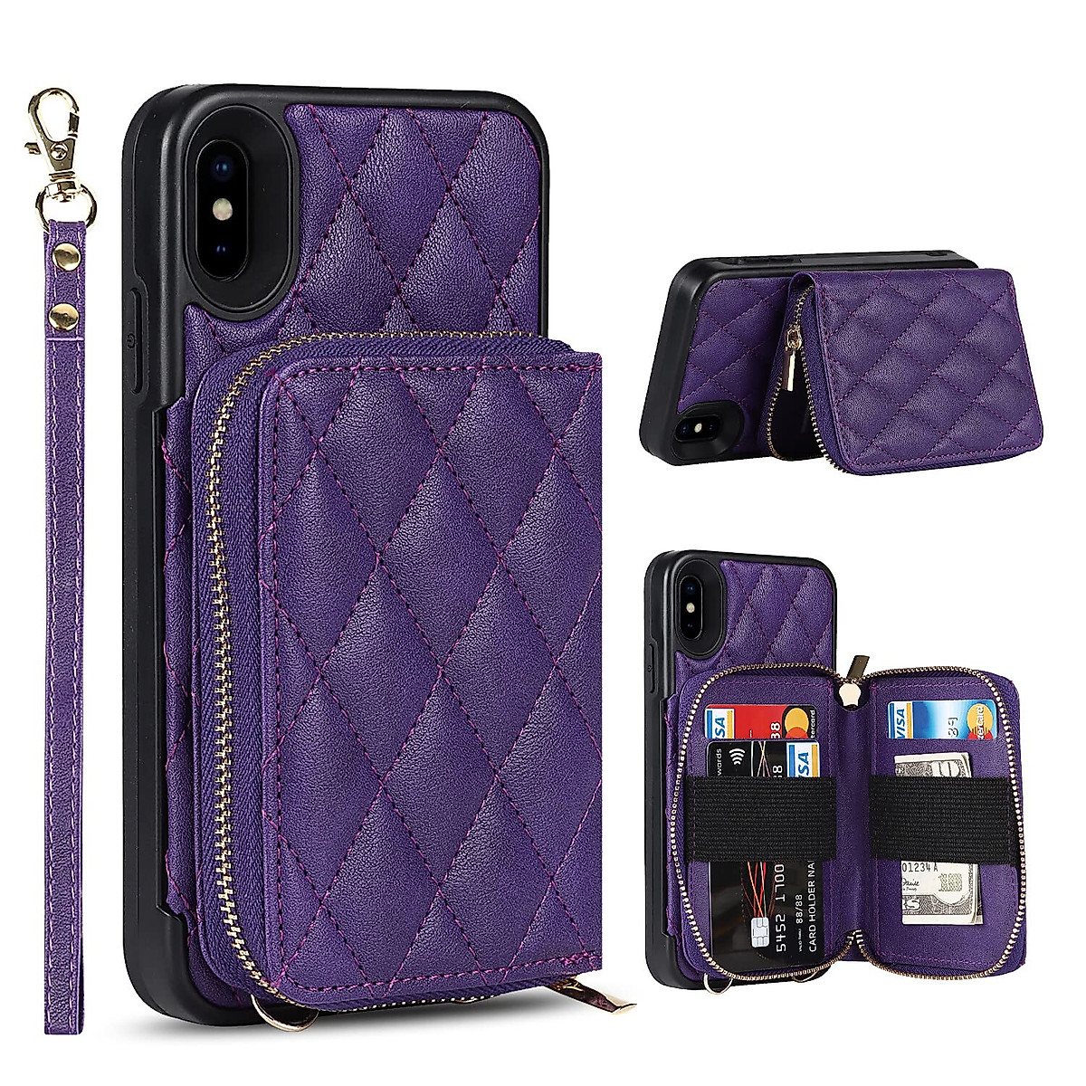 ShunJieTech for iPhone Xs Max Case,for iPhone XSMax Wallet Case with Card Holder,Crossbody Chain Purse Wrist Handbag Strap Leather Cover Case [Card Slots][Coin Zipper Pocket](6.5")-Purple