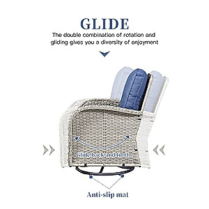 Belord Patio Swviel Glider Chairs Outdoor Swivel Rocker, Small Patio Bistro Set 3 Pieces Wicker Patio Furniture Sets, Swivel Patio Chairs Set of 2 with Tempered Glass Side Table, Blue Cushion