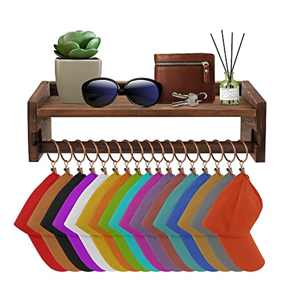 WANLIAN Hat Rack for Wall Baseball Caps Organizer Holder, Ball Caps Hanger Accessories Display Wall Mounted Wooden Storage Shelf with 17 Hooks for Living Room, Bedroom