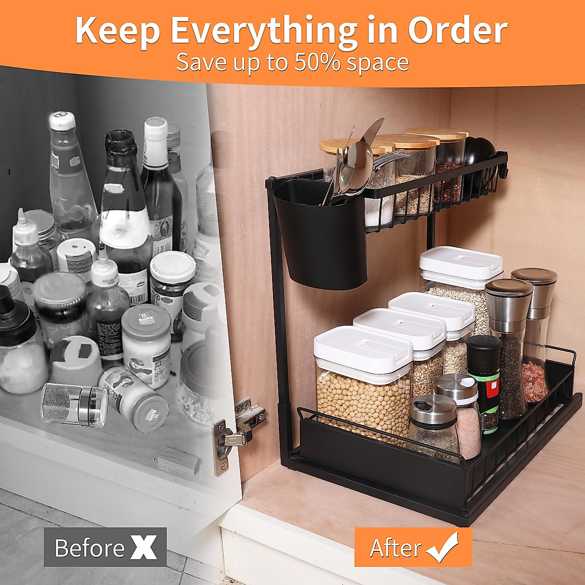 Lonffery Under Sink Organizers and Storage, Under Sink Shelves with Pull out Sliding Drawers, 2 Tier Cabinet Organizer with 4 Hooks and Hanging Cup for Bathroom and Kitchen, Black