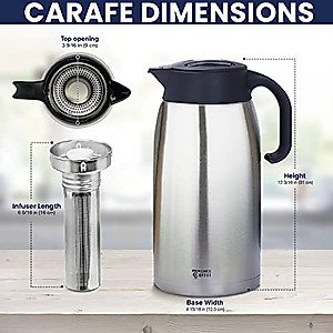 Coffee carafe & Tea carafe in one. 68oz 12hr heat retention ideal for coffee carafes for keeping hot, 24hr cold retention. Thermal Stainless Steel double walled insulated carafe. Infuser & Brush Incld