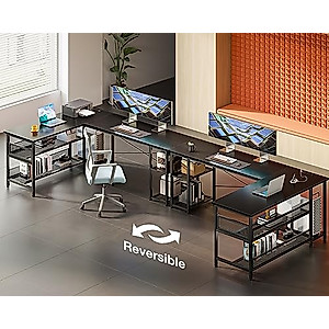 ODK 66" L Shaped Desk with Power Outlet and USB Charging Ports, Reversible L Shaped Computer Desk with Storage Shelves, Home Office Desk, Gaming Desk, Corner Desk, Black