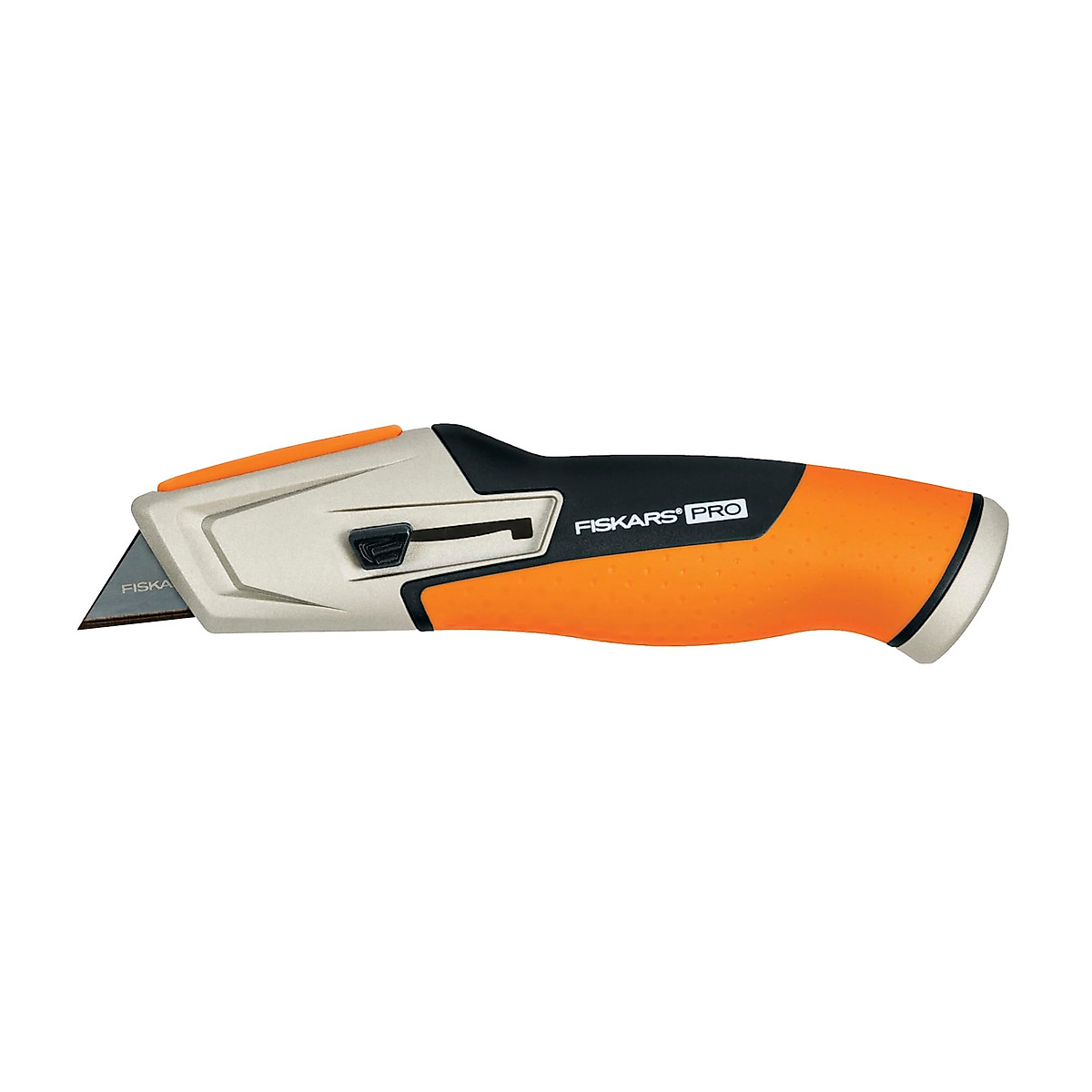 Fiskars Pro Retractable Utility Knife, Heavy Duty Box Cutter with CarbonMax Long-lasting Snap Blade, and Easy Hinge Open with Quick Blade Change and Storage, Orange/Black