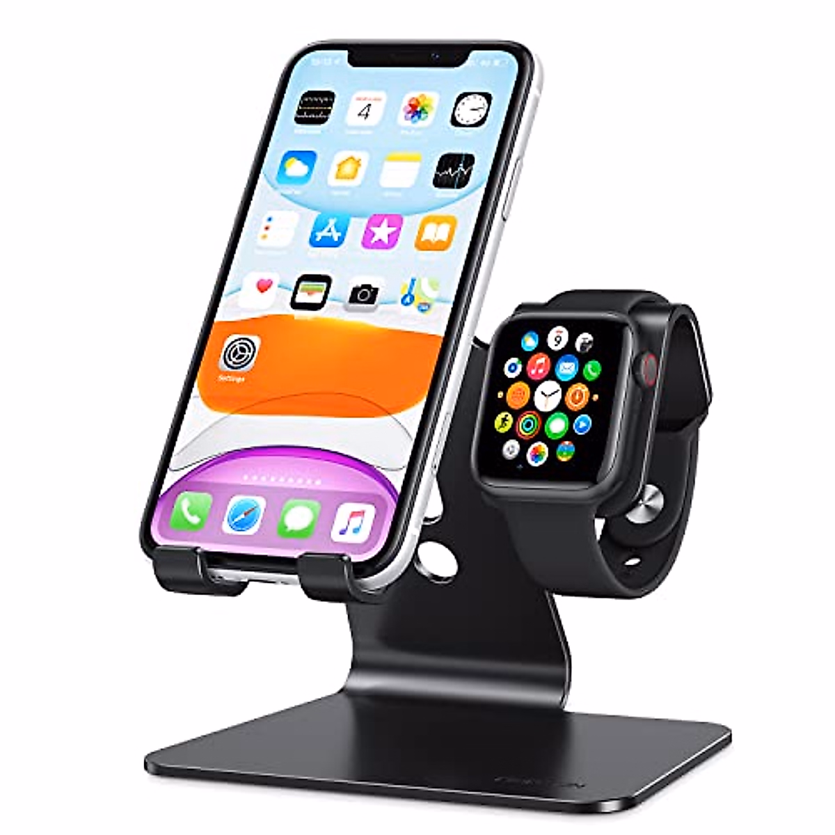 OMOTON Stand for Apple Watch - 2 in 1 Universal Desktop Stand Holder for iPhone 14 13 12 11 All Series and Apple Watch Series 8/SE2/7/6/SE/5/4/3/2 (Both 38mm/40mm/41mm/42mm/44mm/45mm) (Black)