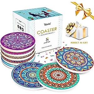 Teivio Absorbing Stone Mandala Ceramic Coasters for Drinks Cork Base with Holder, for Friends Funny Birthday Housewarming Apartment Kitchen Bar Decor, Suitable for Wooden Table, Coffee Table, Set of 8
