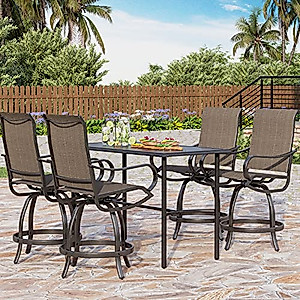 PHI VILLA Patio Swivel Bar Set of 5,Large Metal Table and Barstool with Breathable Fabric,Black Thickened Frame and 360 Degree Swivel Bar Height Chairs for Lawn,Garden
