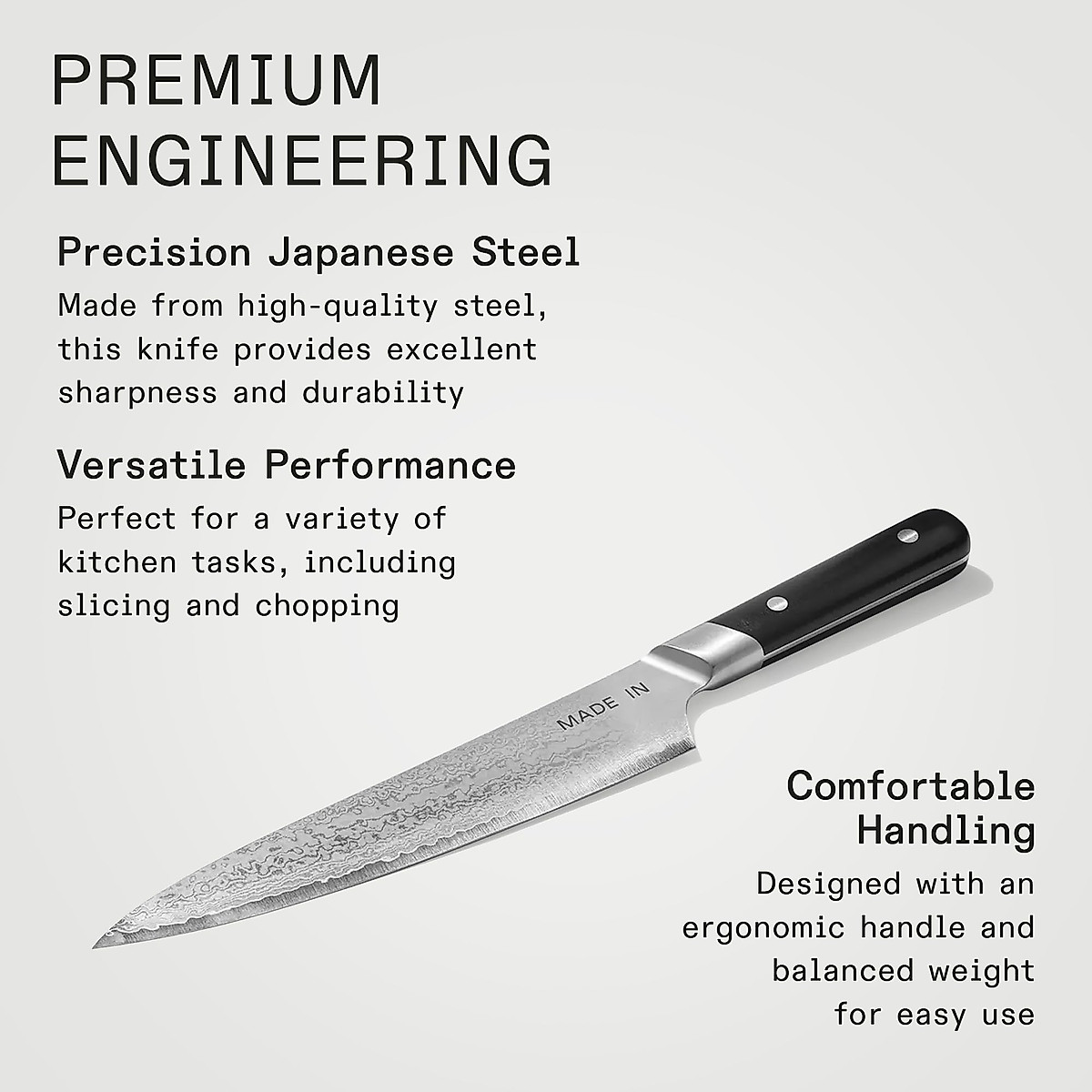 Made In Cookware - 8" Japanese Damascus Steel Gyuto (Chef Knife) - 66 Layers of Damascus Steel with a VG-10 Core - Crafted in Japan - Full Tang With Black POM Handle